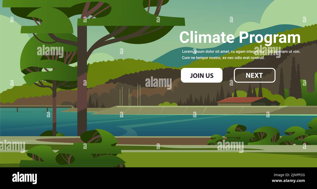 little house beside the lake in forest climate program concept horizontal copy space Stock ...