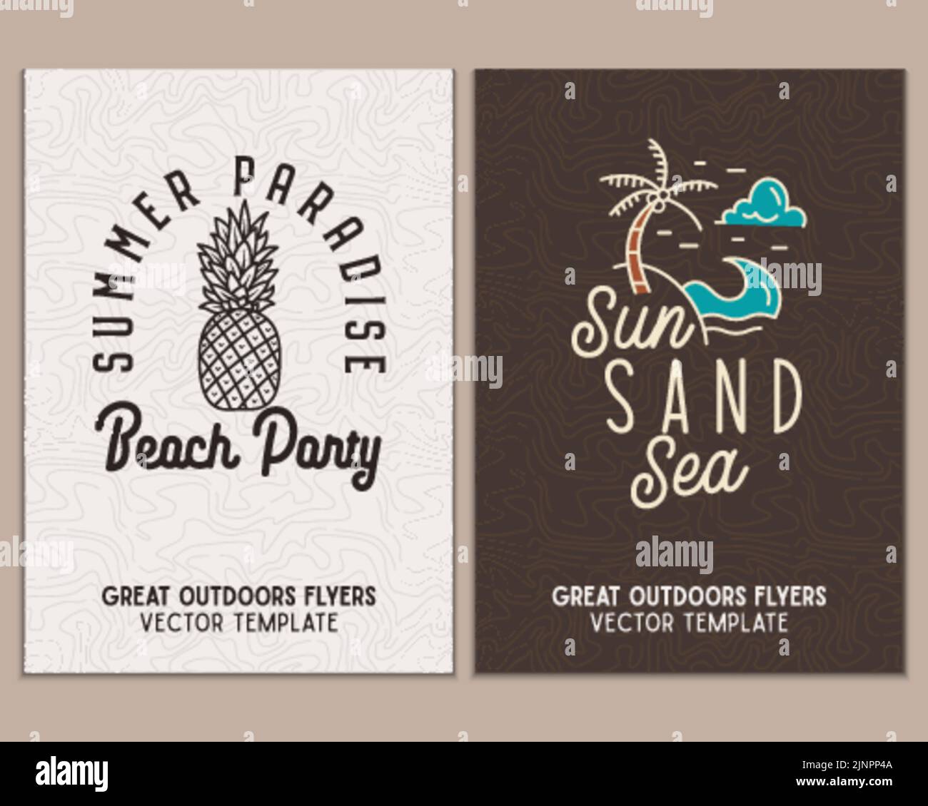Camping flyer templates. Travel adventure posters set with line art and ...