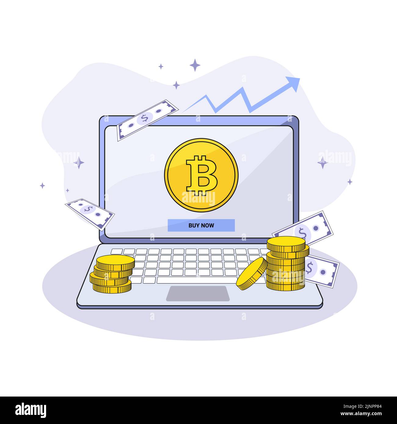 bitcoin coin and buy now button on laptop display stacks of coins and ...