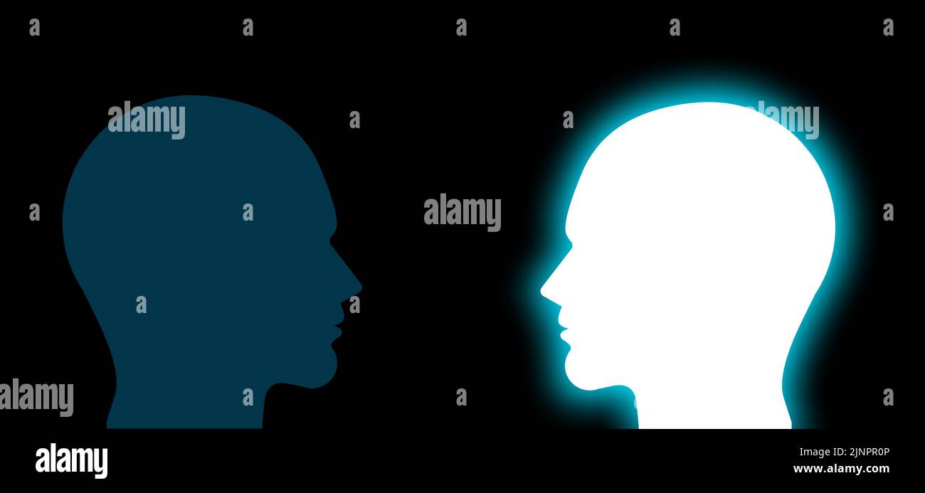 bright and dark Human face on black background. concept showing think ...