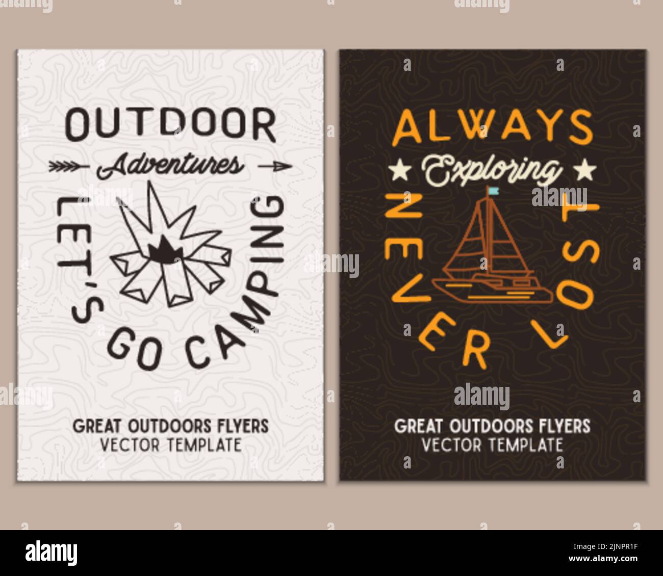 Camping flyer templates. Travel adventure posters set with line art and ...