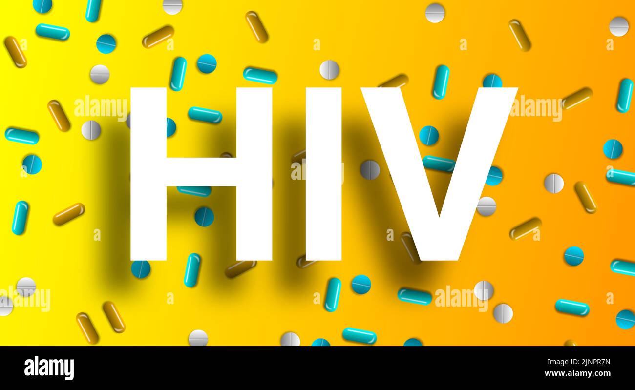 hiv world with shadow on yellow gradient colour and medicine on table ...