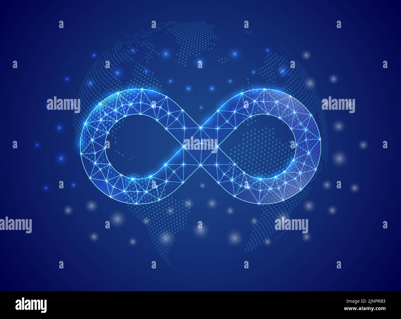 Infinity 3d low poly symbol with blue world map background. Forever ...