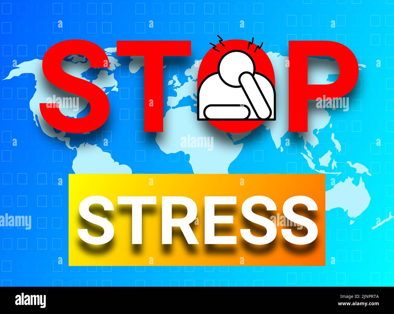 Stop stress illustration image on world map and blue gadiant colour ...