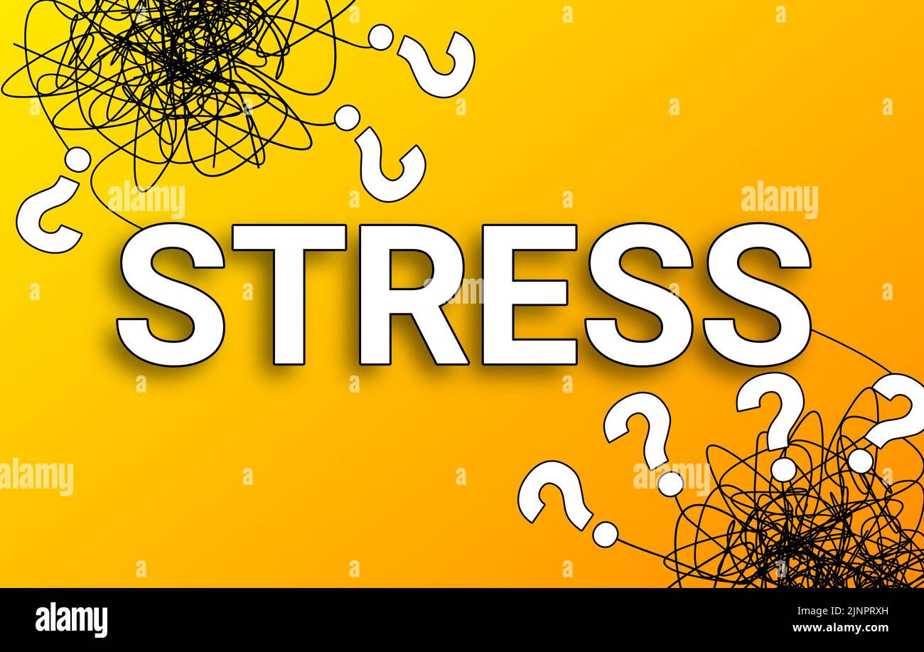 stress world on yellow gradient colour with question icon and random ...