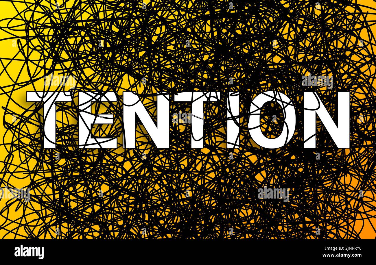 tention world on yellow gradient colour with random Black line. mental ...