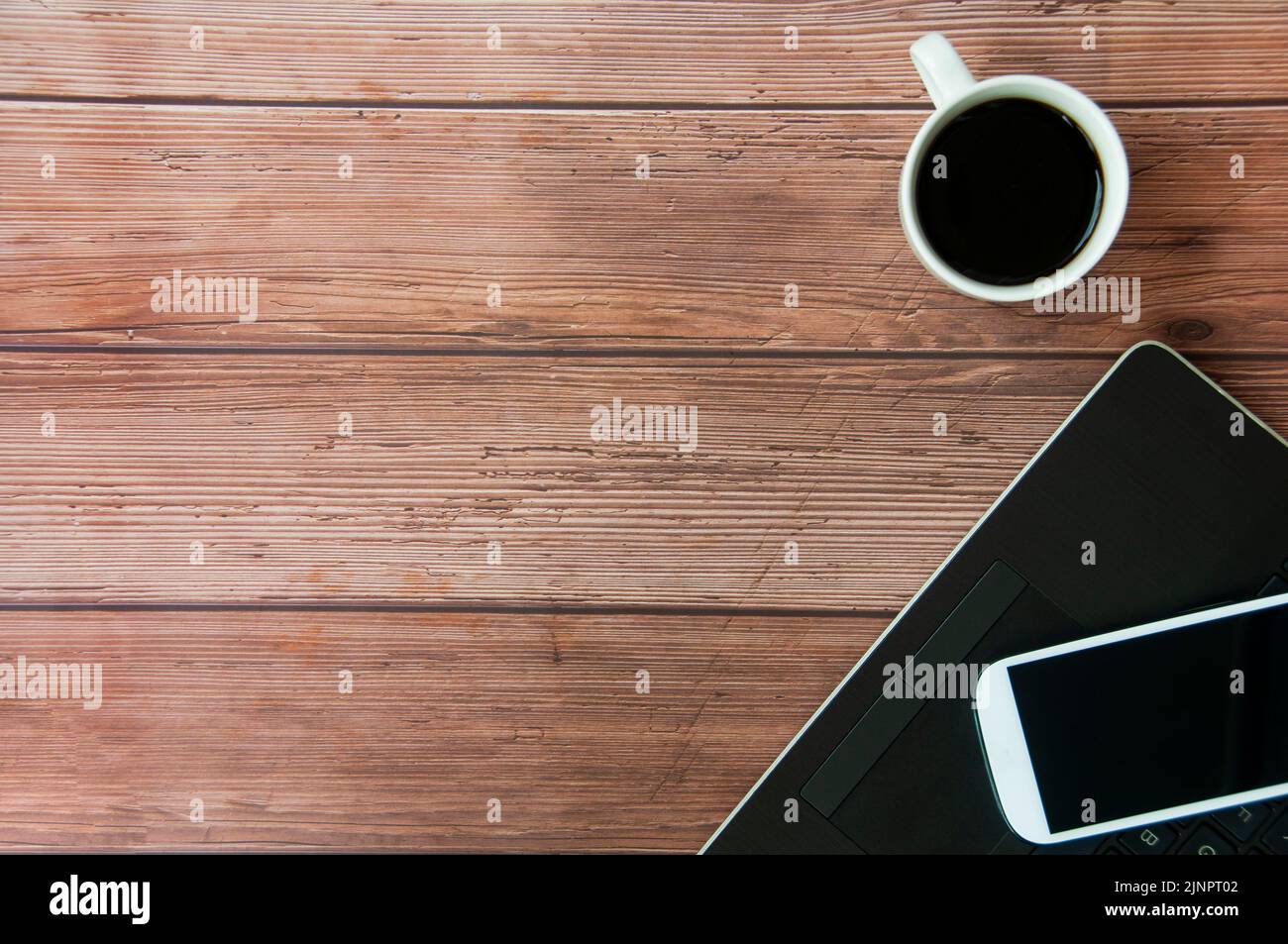 Top view of empty wooden desk with customizable space for text or ideas ...
