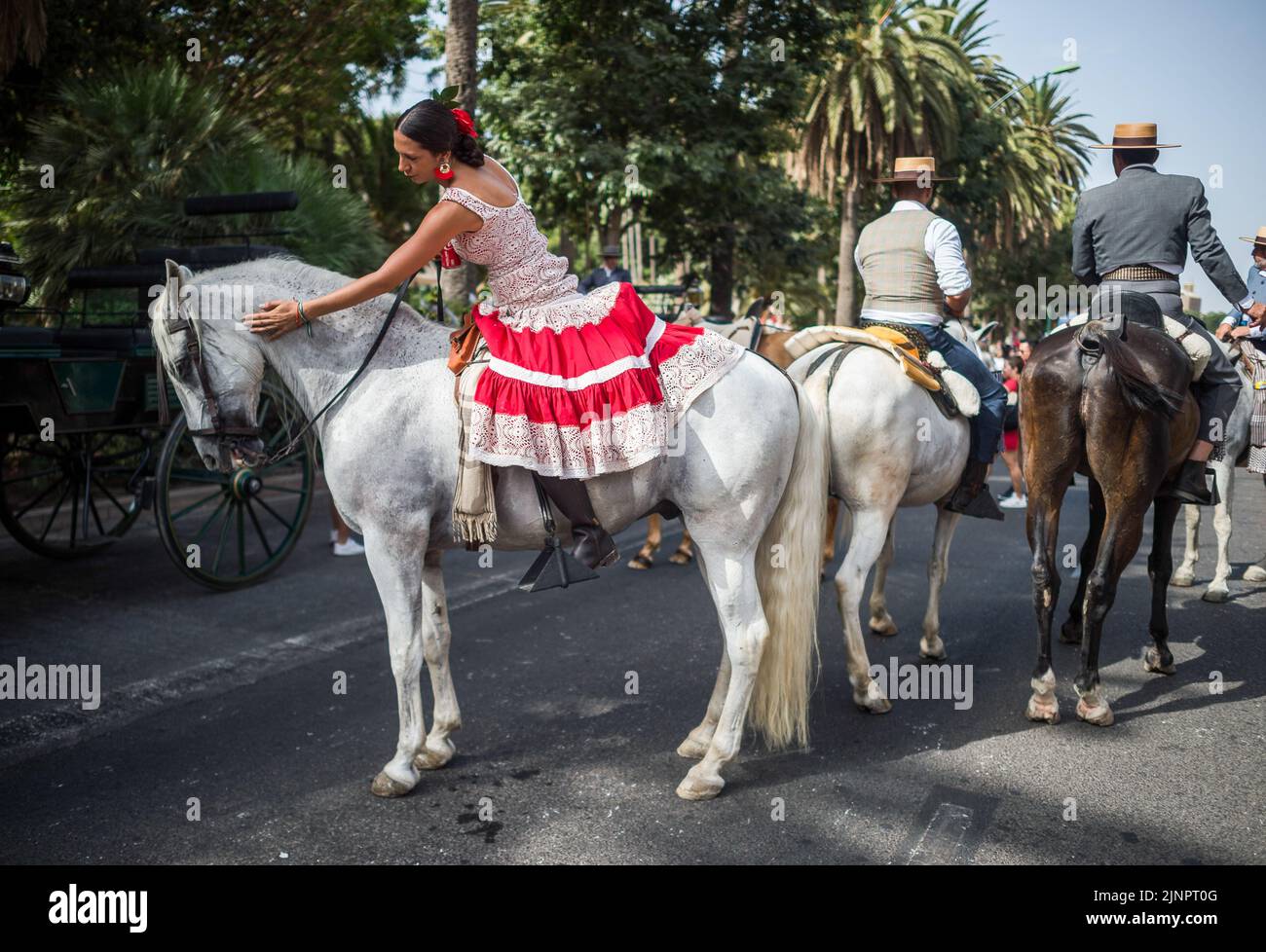 A woman wearing a flamenco dress is seen mounting on a horse as she ...