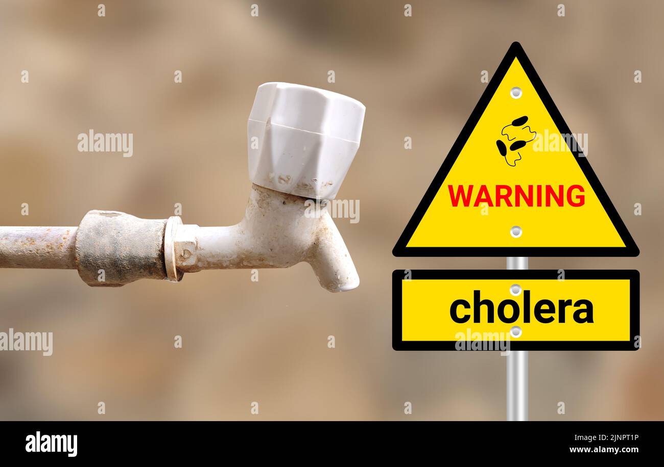 Cholera warning board on blur virus background. cholera viral infection ...