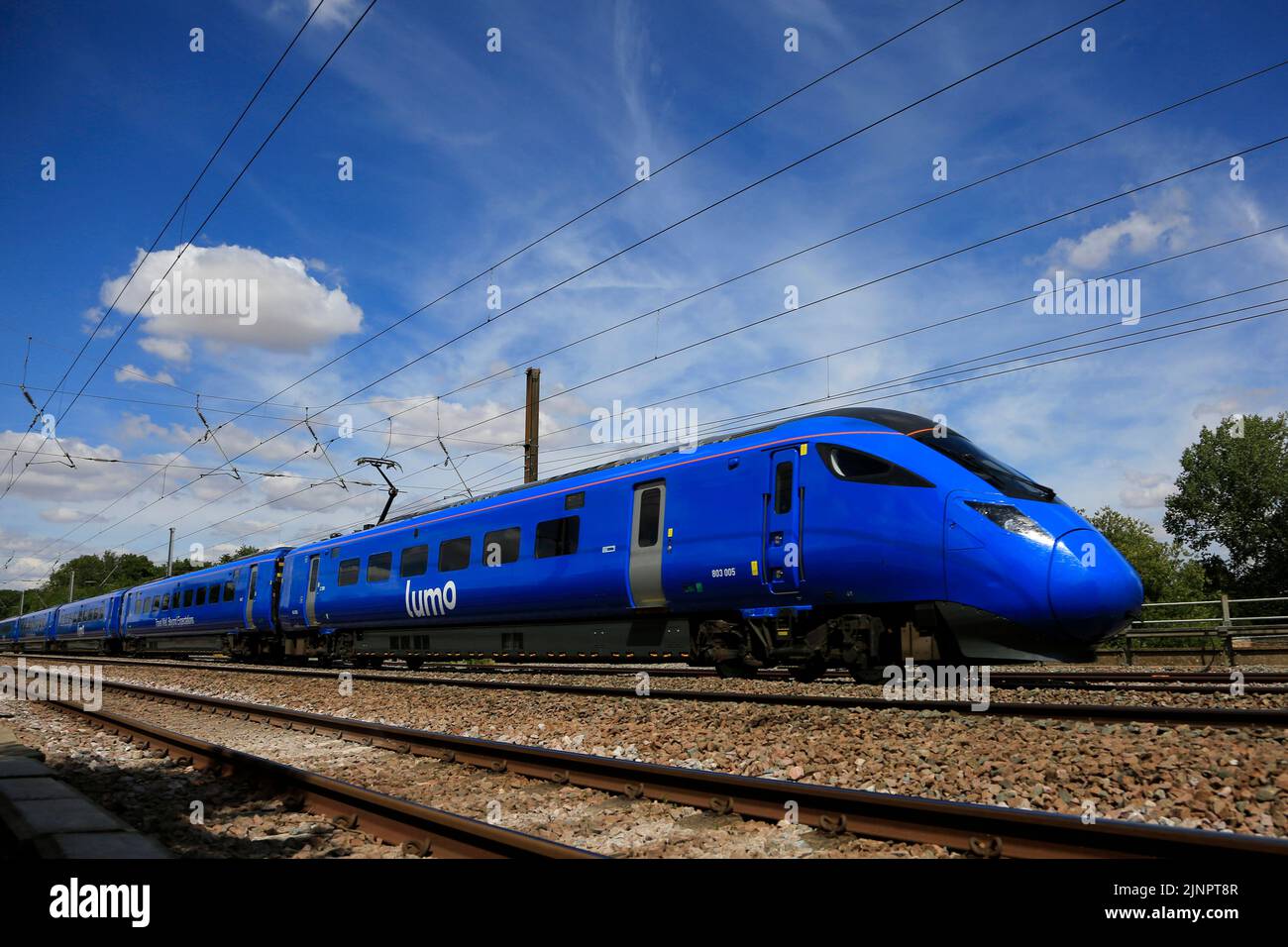 Lumo trains 803005 train, East Coast Main Line near Peterborough City ...