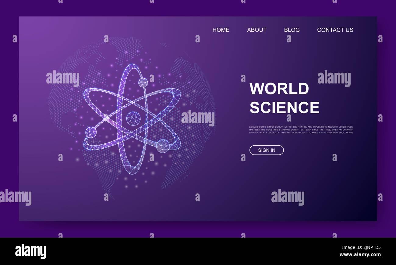 Atom 3d low poly website template. Atomic neutron design illustration concept. Polygonal ...