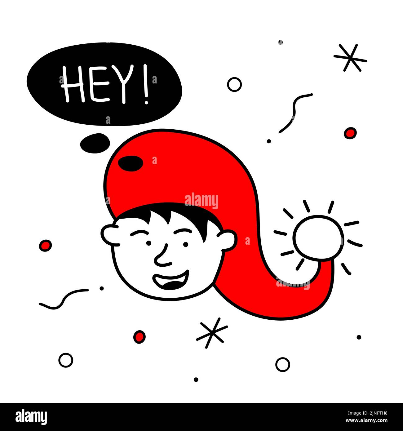 Merry Christmas avatars head, face of boy and lettering HEY in red hat ...