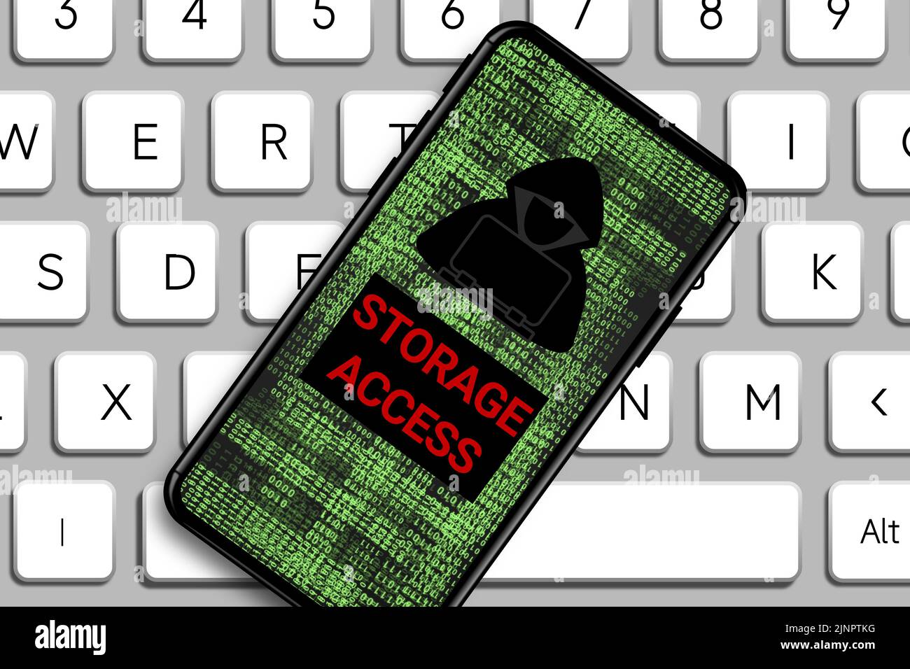 storage access word and Hacker icon in mobile phone with digital code ...