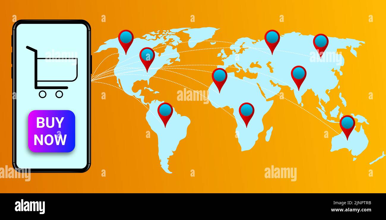 buy now option in mobile phone with world map and location. concept for ...