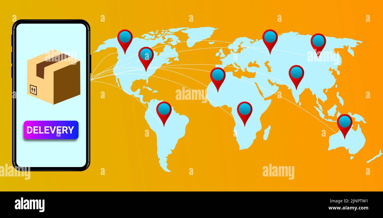 delivery option in mobile phone with world map and location. concept ...