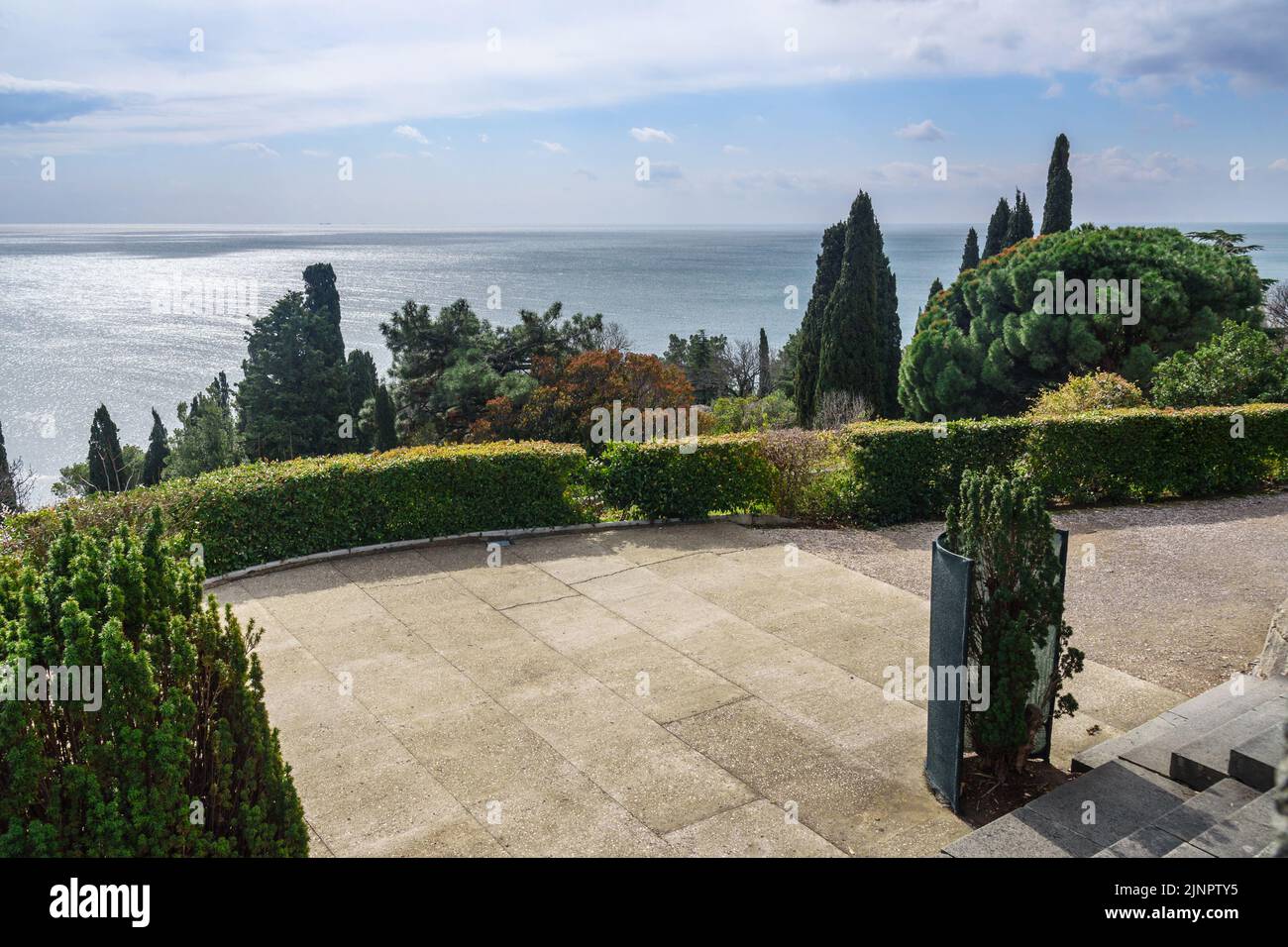 Southern terraces in the park of Vorontsov Palace at spring. Alupka ...