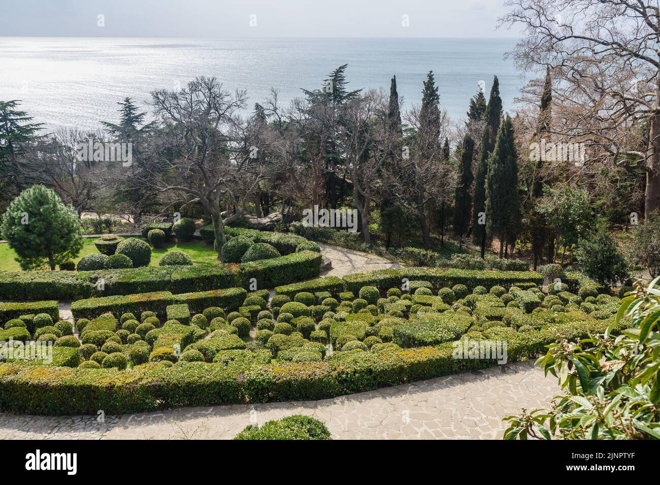 Southern terraces in the park of Vorontsov Palace at spring. Alupka ...