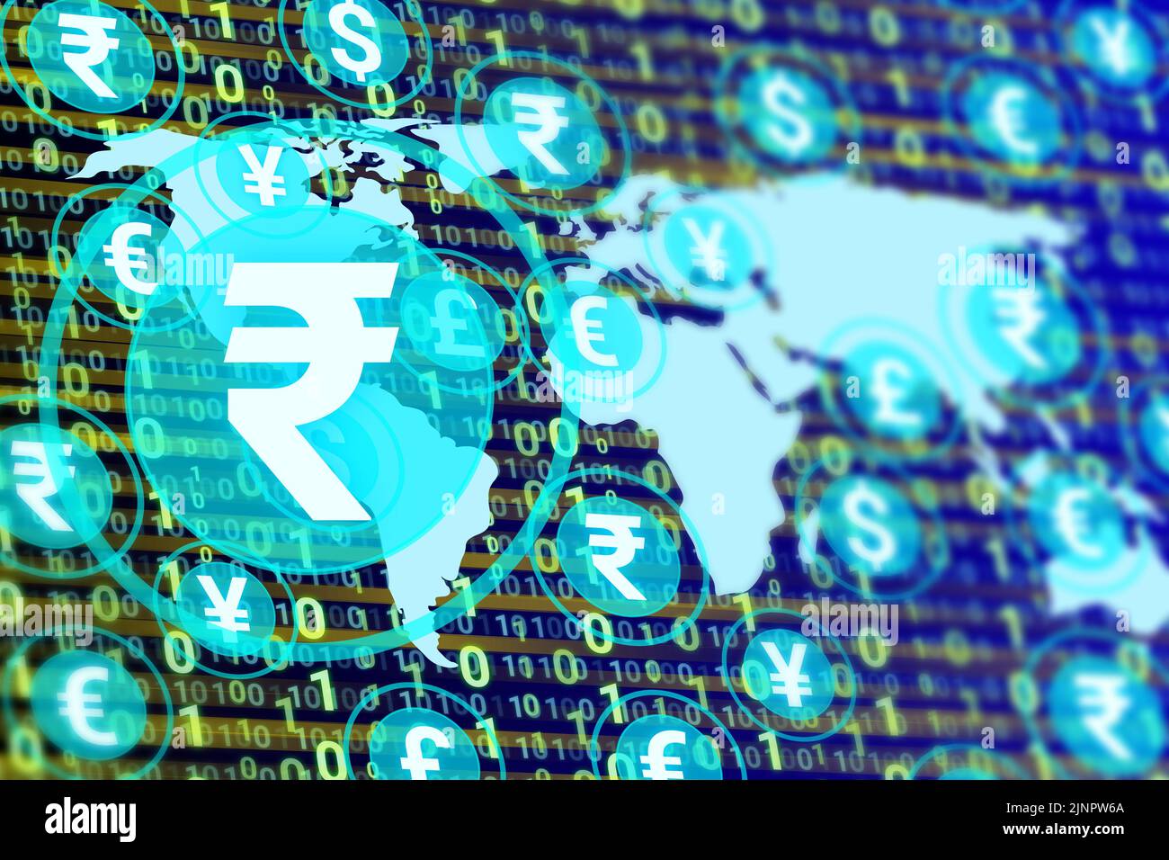 digital rupee icon isolated on other currency, world map and numbers ...