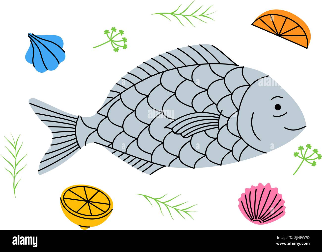 Fish dish with lemon slices, garlic and rosemary. Fish with herbs ...