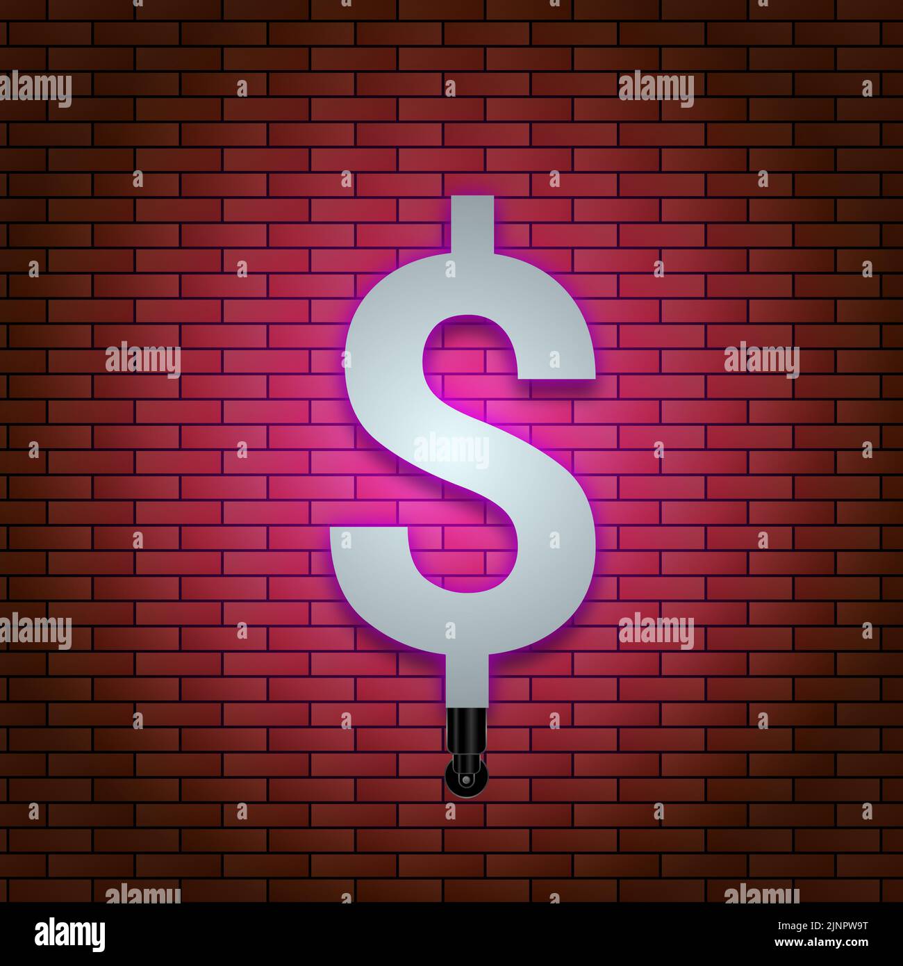 bright pink neon dollar icon on brick background. national currency ...
