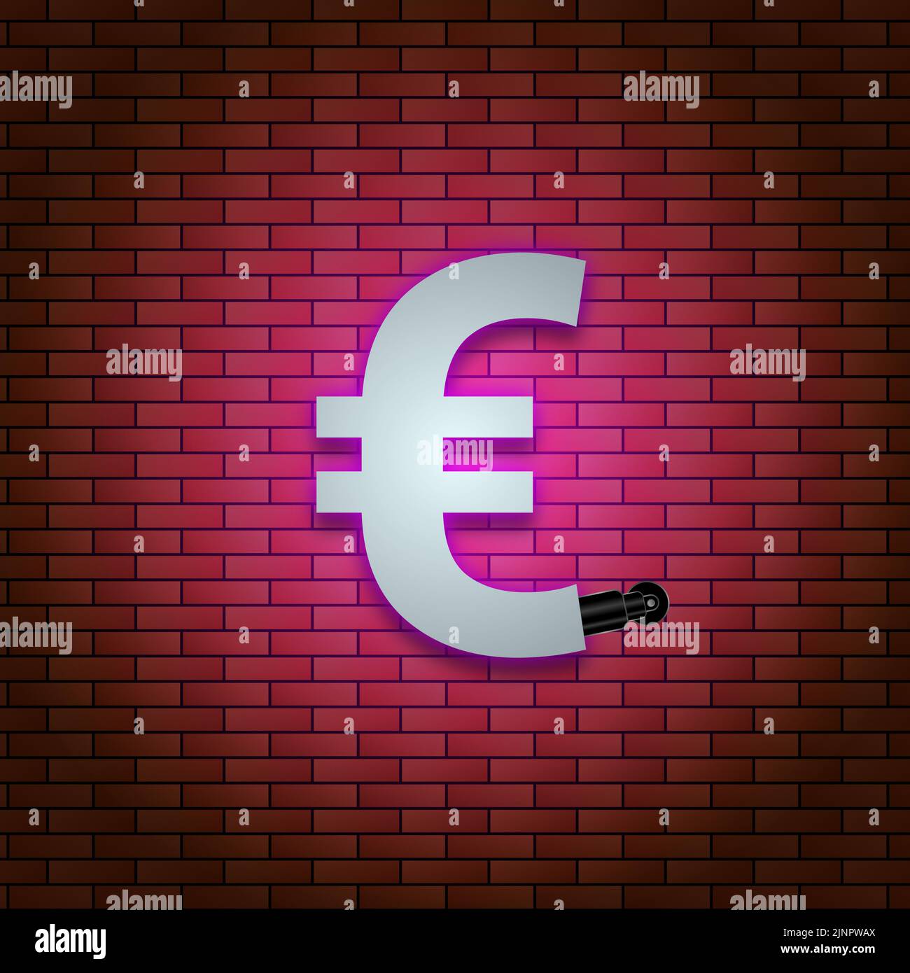 bright pink neon euro icon on brick background. national currency ...