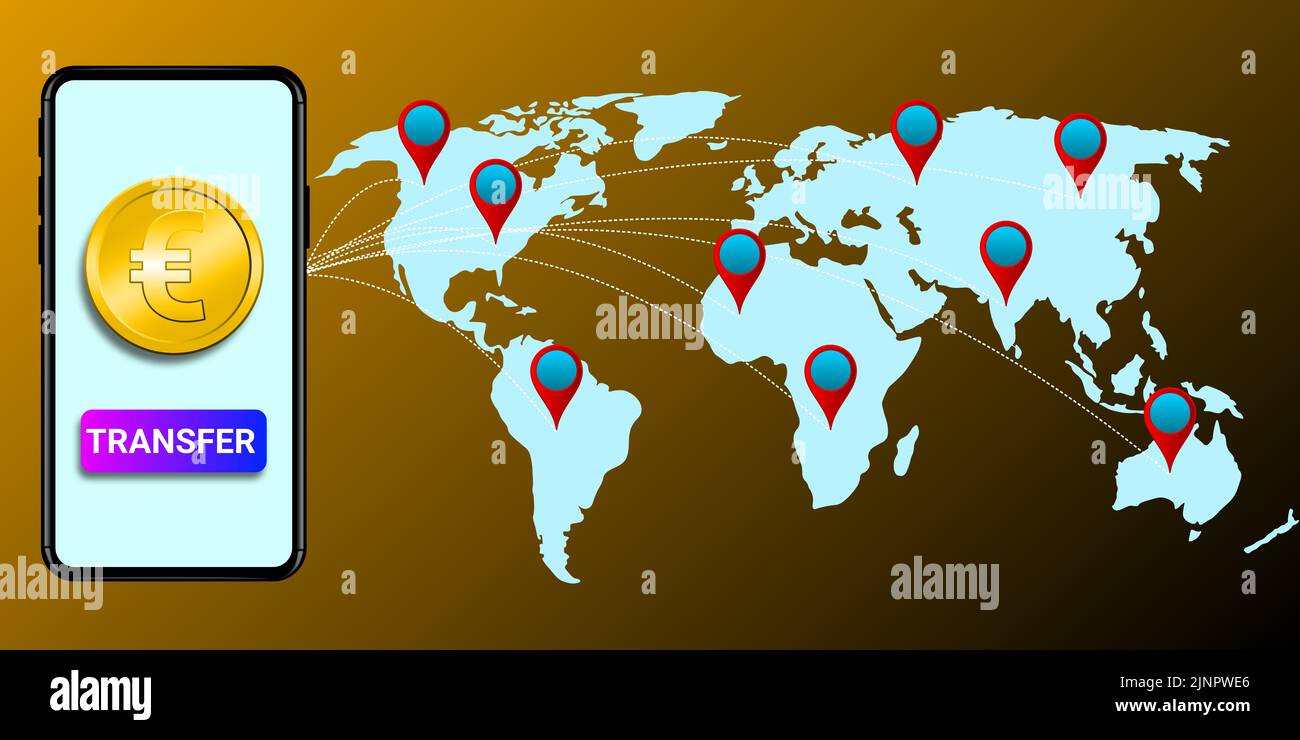 Euro transfer option in mobile phone with world map and location ...