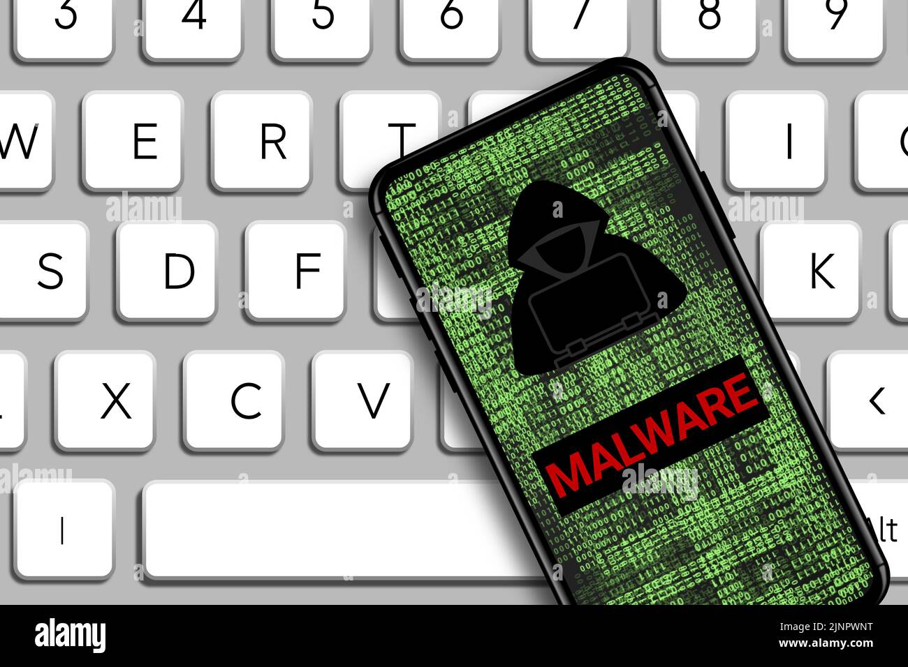 malware word and Hacker icon in mobile phone with digital code numbers ...
