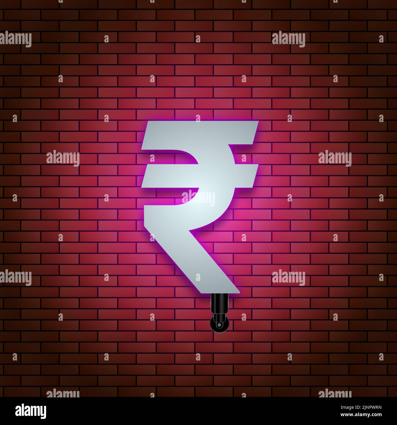 bright pink neon rupee icon on brick background. national currency ...