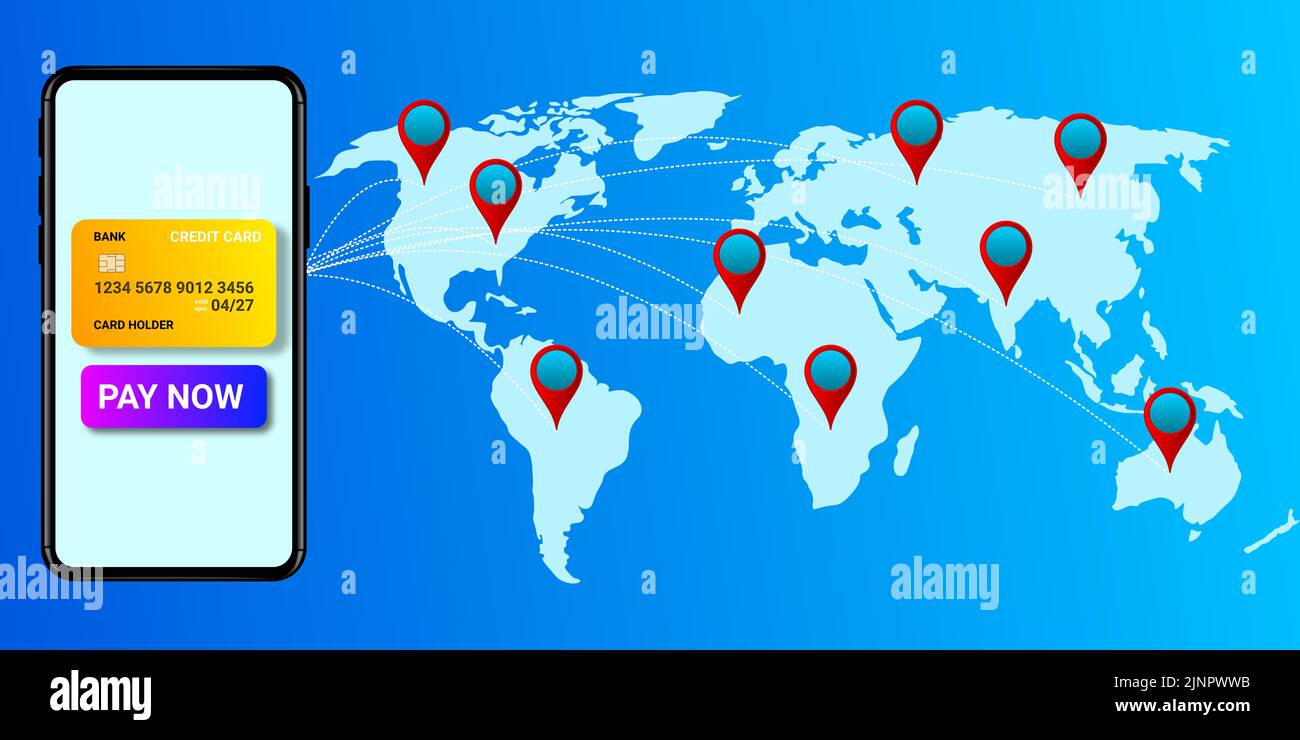 pay now option in mobile phone with world map and location. concept for ...
