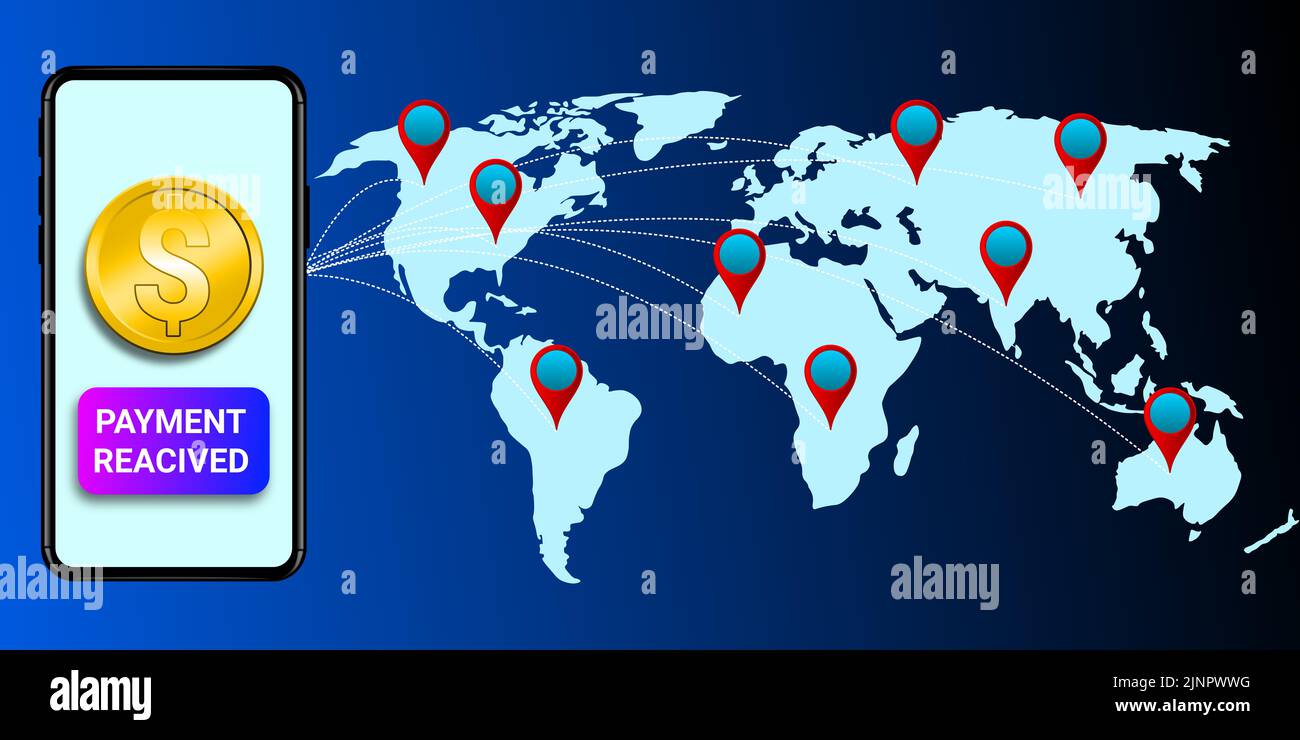 payment received in dollar option in mobile phone with world map and ...