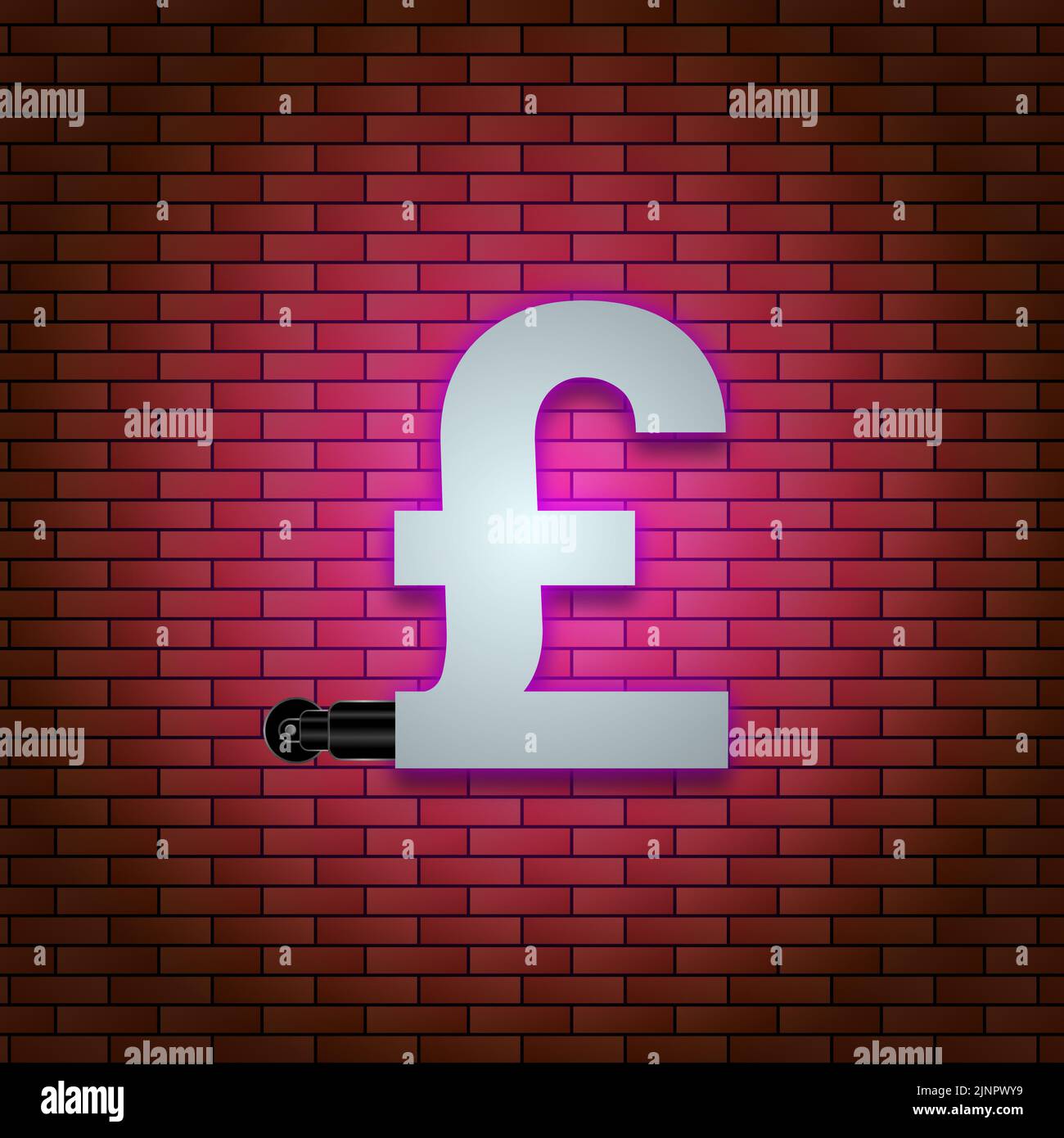 bright pink neon pound icon on brick background. national currency ...