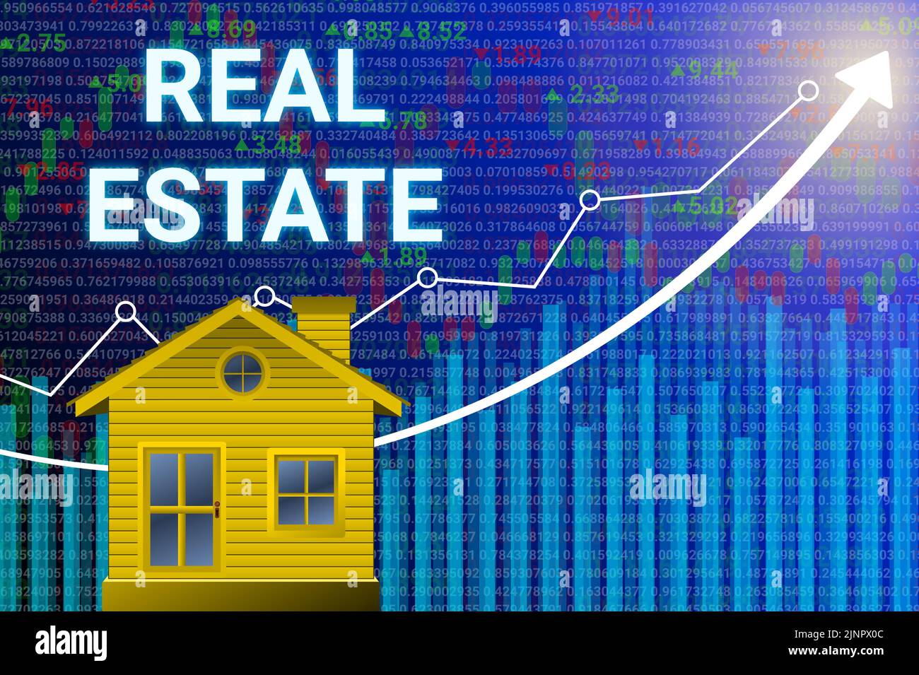 bright real estate word isolated on graph and arrow background. concept ...