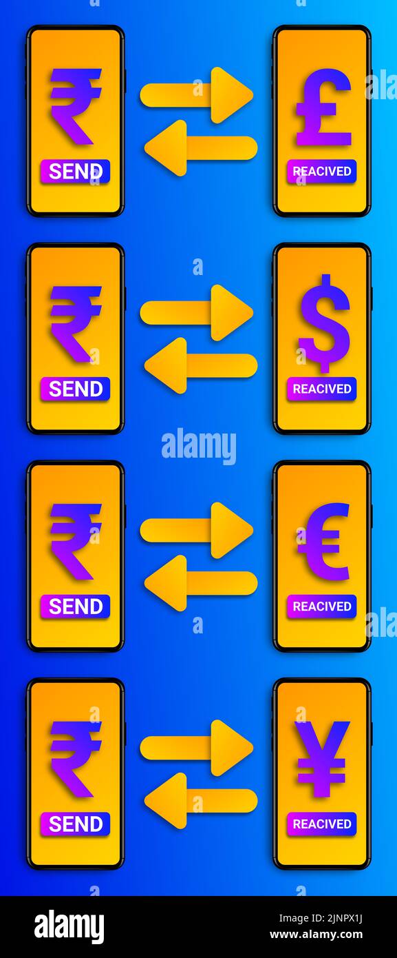 send rupee to receive euro, dollar, yen and pound in phone. concept for ...