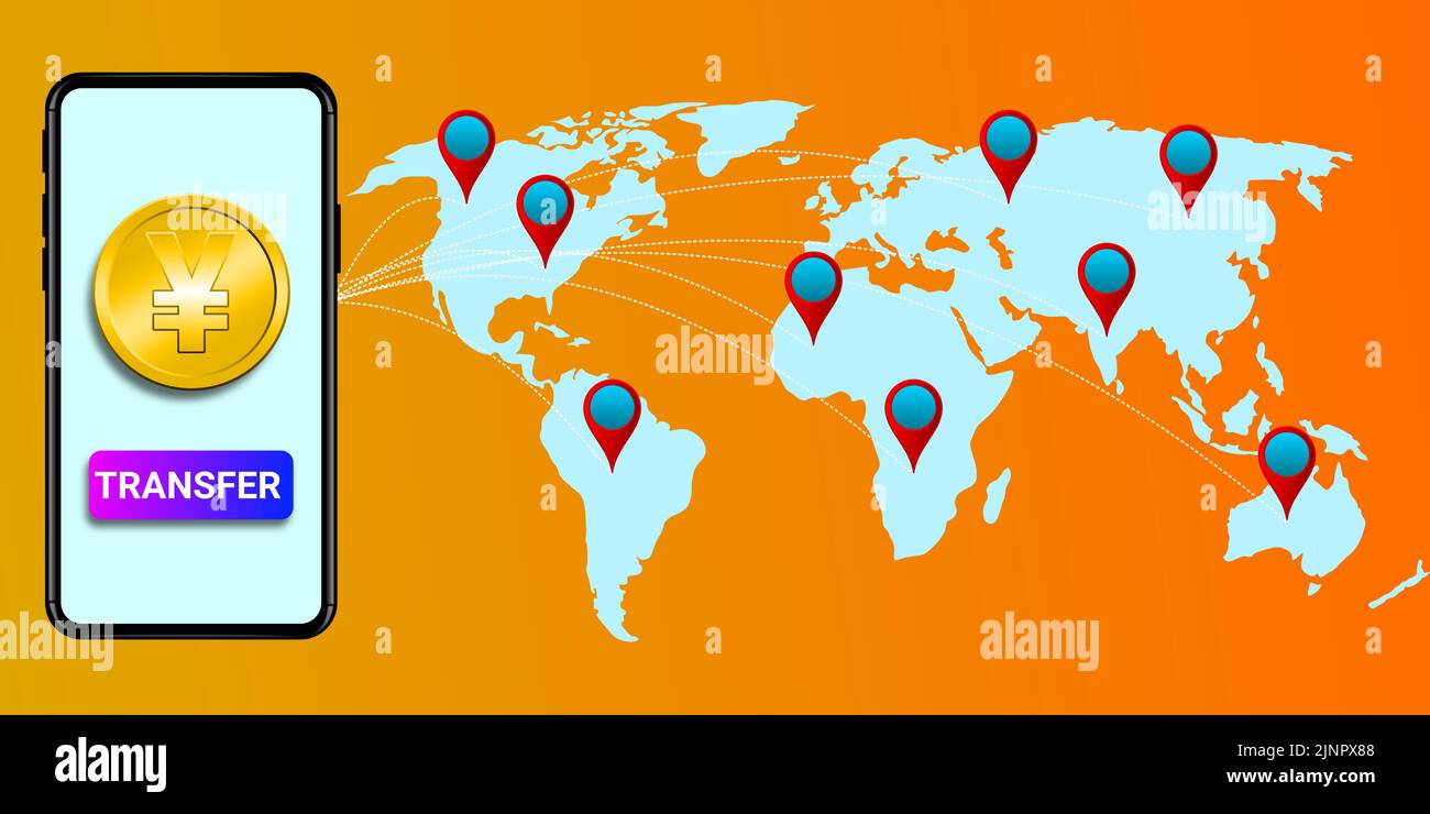 yen transfer option in mobile phone with world map and location ...