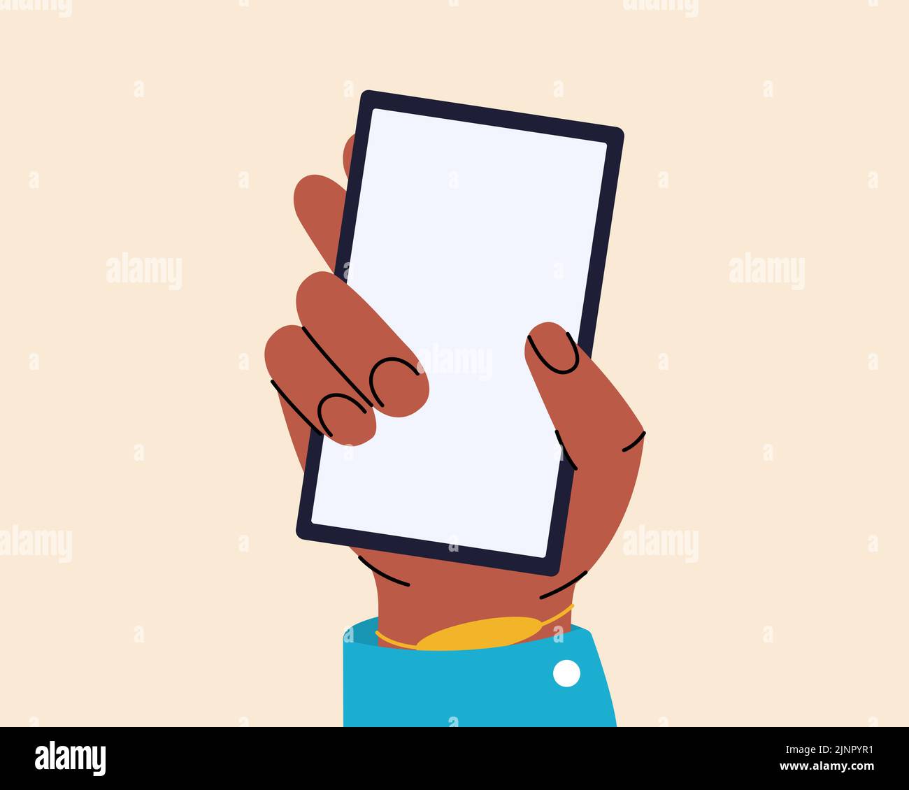 Hand holding smartphone with white screen. Cartoon hand touching phone ...