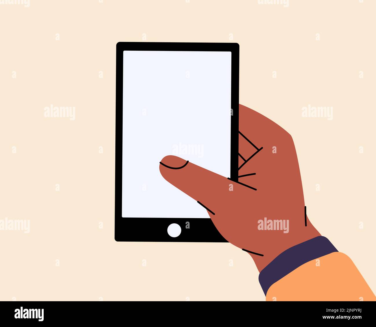 Hand holding smartphone with white screen. Cartoon hand scrolling or ...