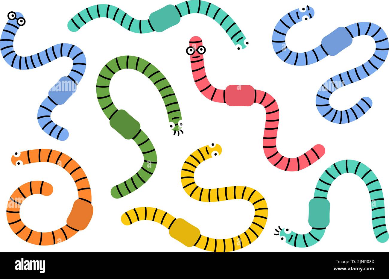 Colored worms character set. Earthworm mascot with eyes and cute faces ...