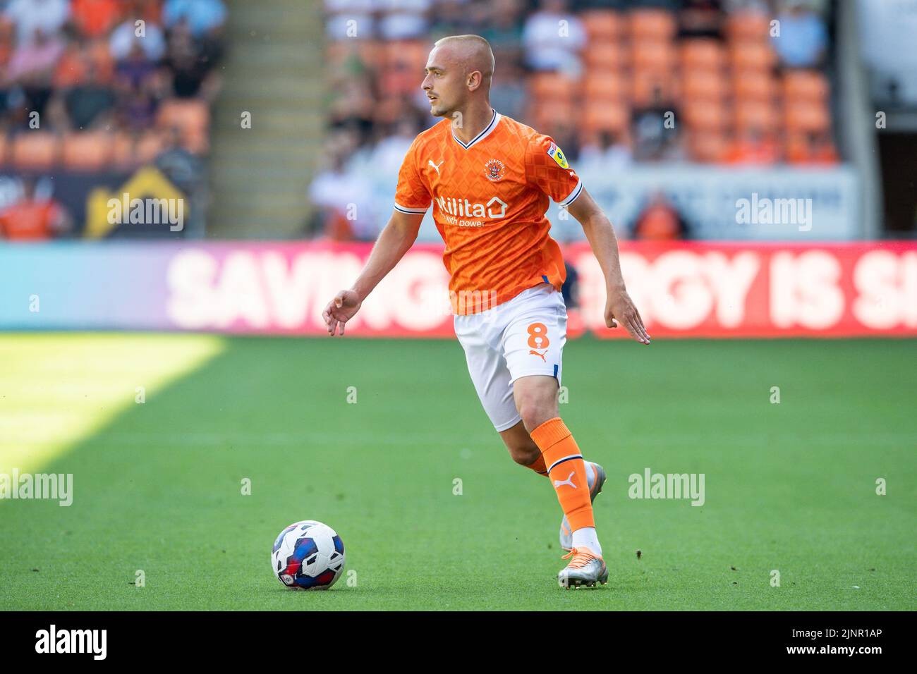 Lewis Fiorini #8 of Blackpool makes a break with the ball in, on 8/13 ...