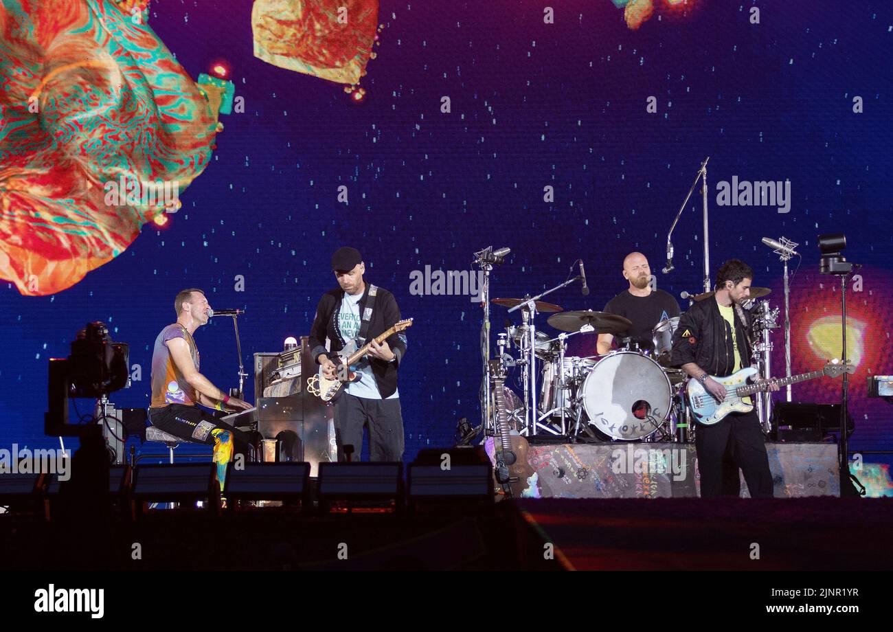 London, UK. 12th August, 2022. Jonny Buckland, Chris Martin, Will ...