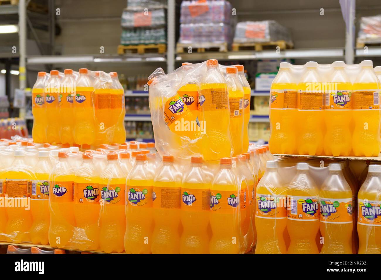 Tyumen, Russia-May 11, 2022:: Fanta plastic botles. The three drinks ...