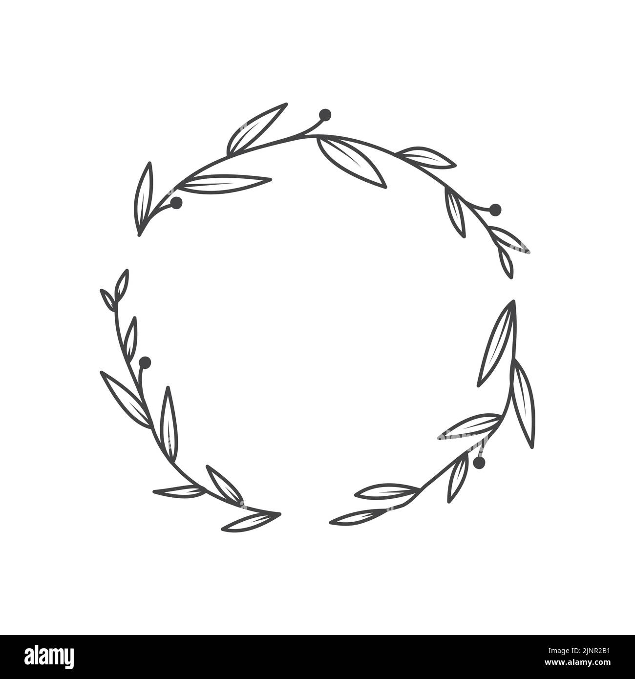 Floral circle wreath frame vector template. Branches and leaves doodle ...
