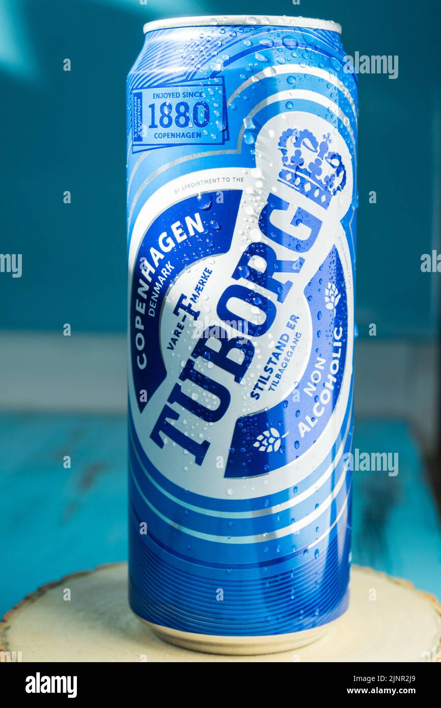 Tyumen, Russia-August 02, 2022: Tuborg beer non alcoholic can. Tuborg ...