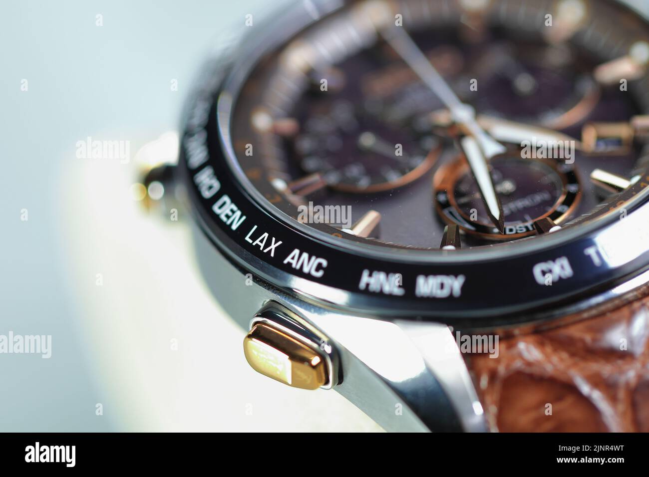 close up shallow focus Time zone cities code on luxury world time watch ...