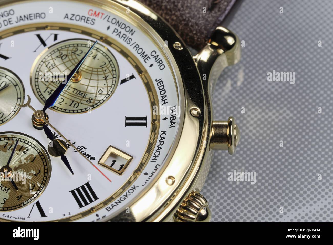 close up shallow focus Time zone cities code on luxury world time watch ...