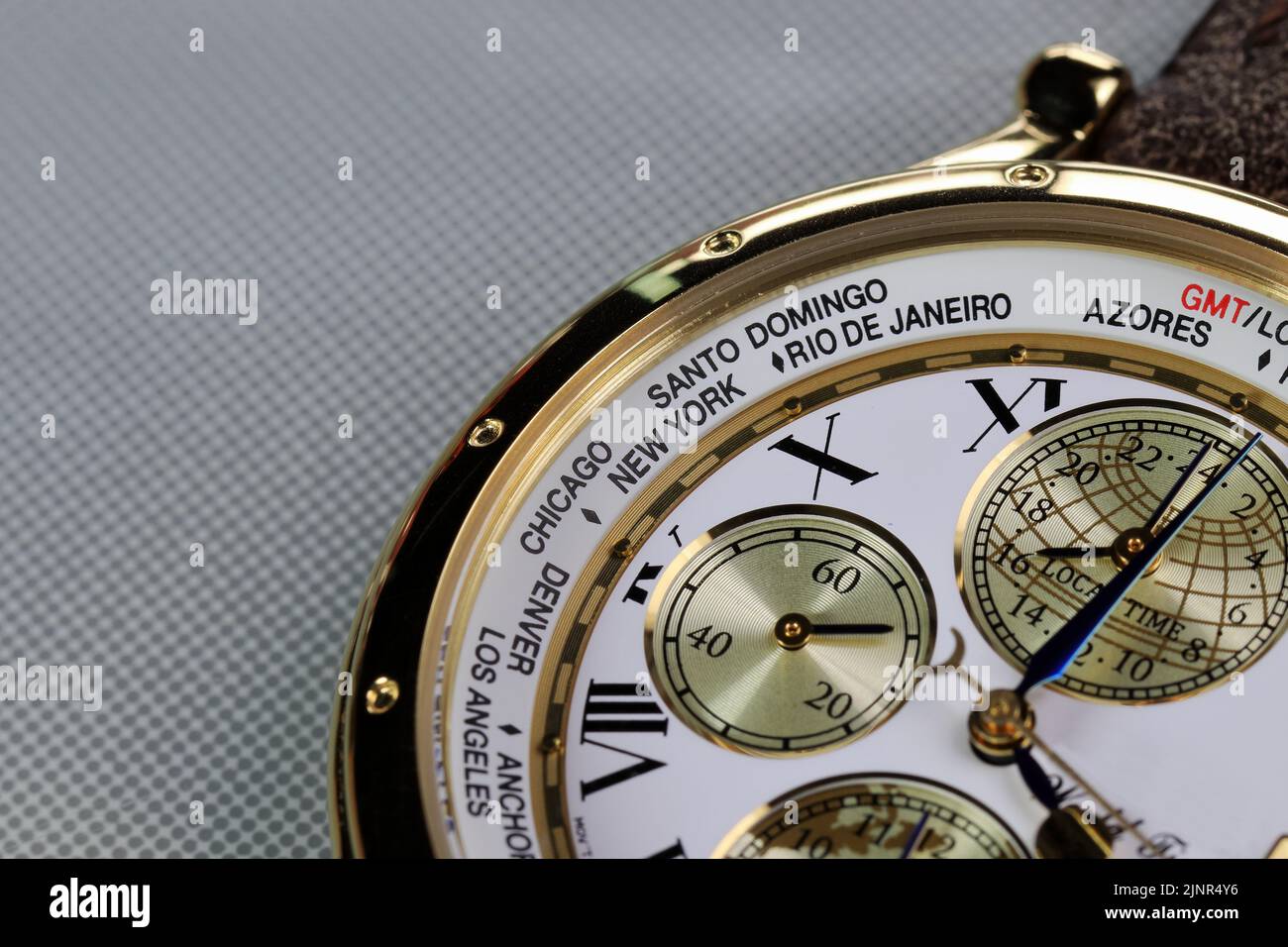 close up on Time zone cities name on luxury world time watch bezel ...