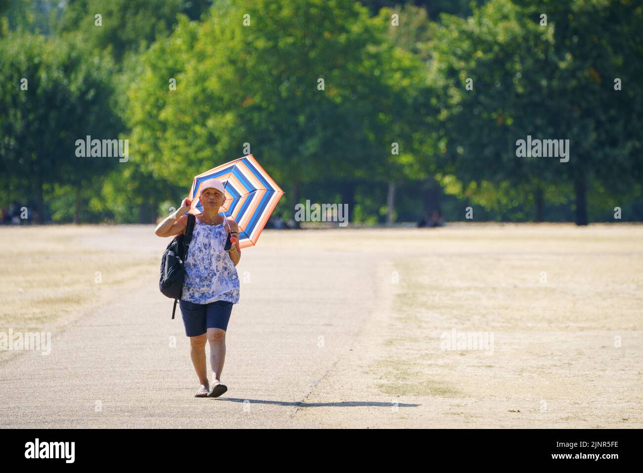 A woman shades herself with an umbrella in Hyde Park, London, as a ...