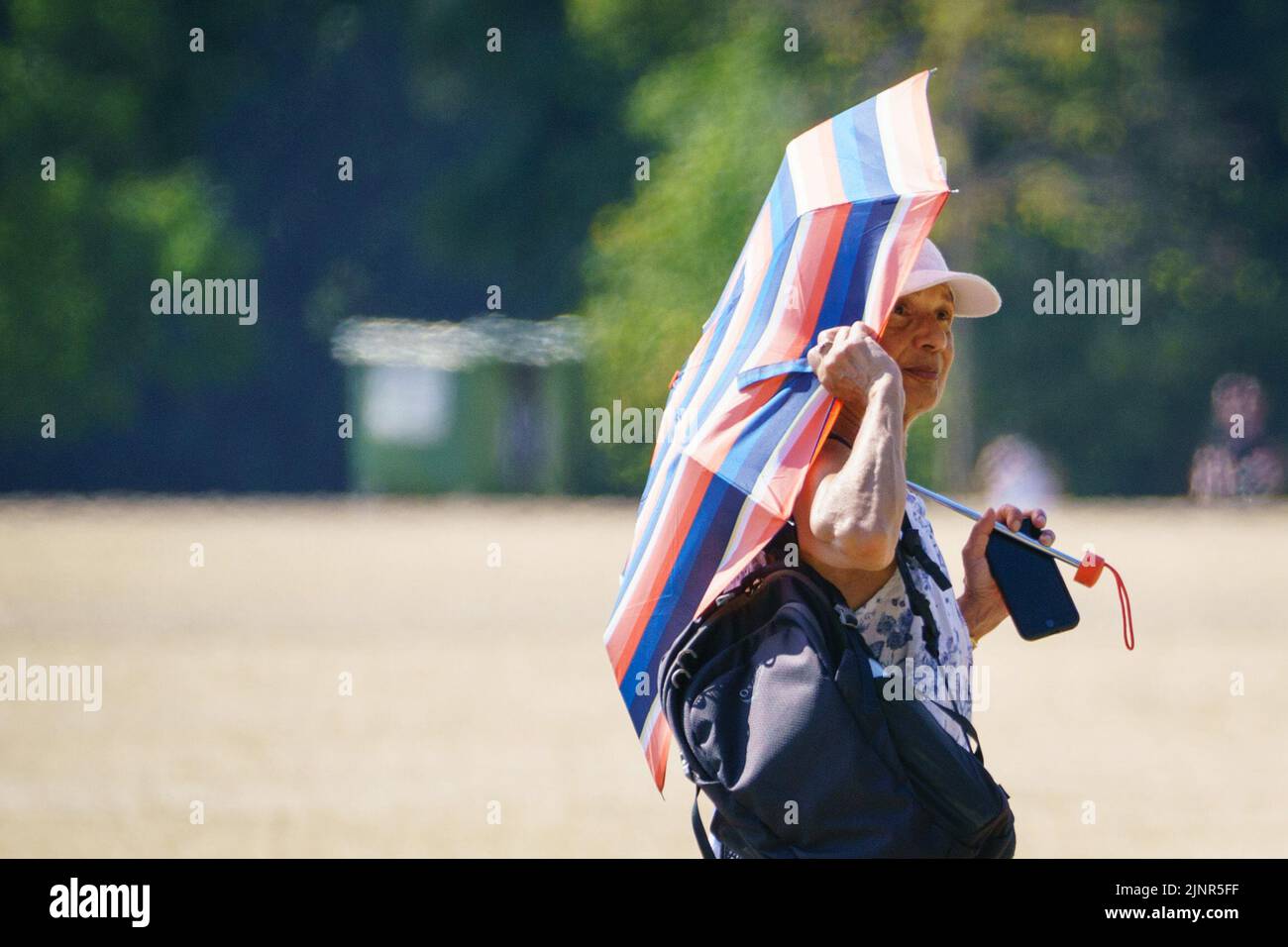 A woman shades herself with an umbrella in Hyde Park, London, as a ...