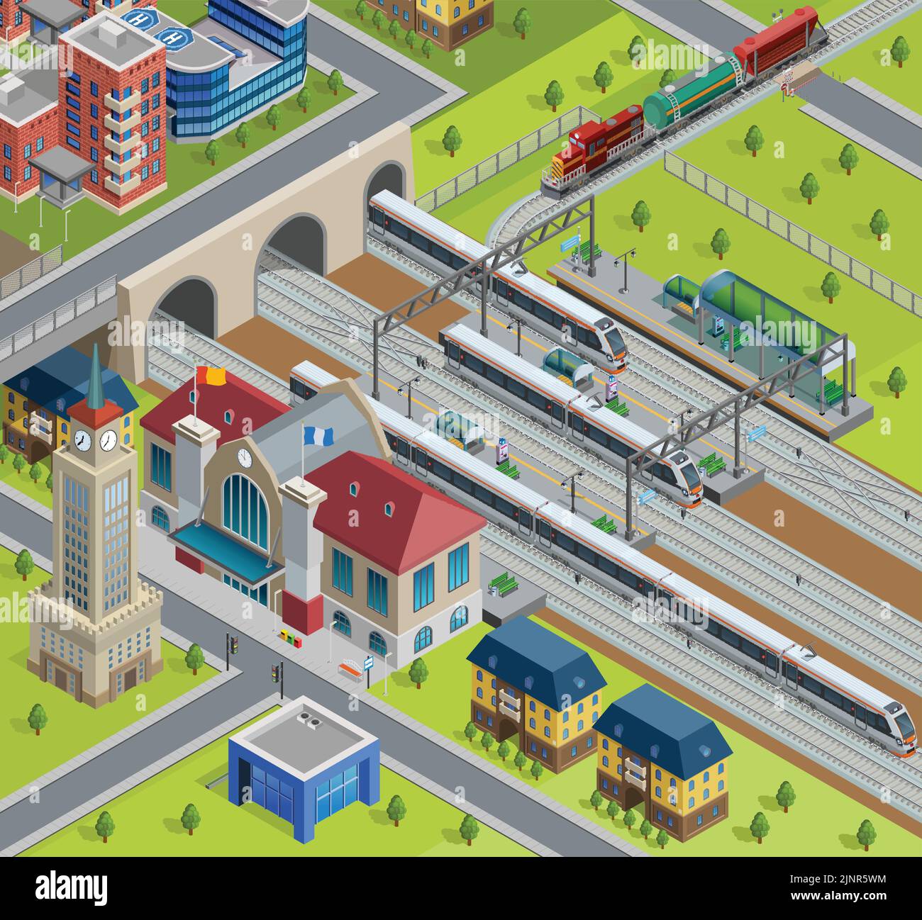 City railway terminal track platform isometric poster with traditional ...