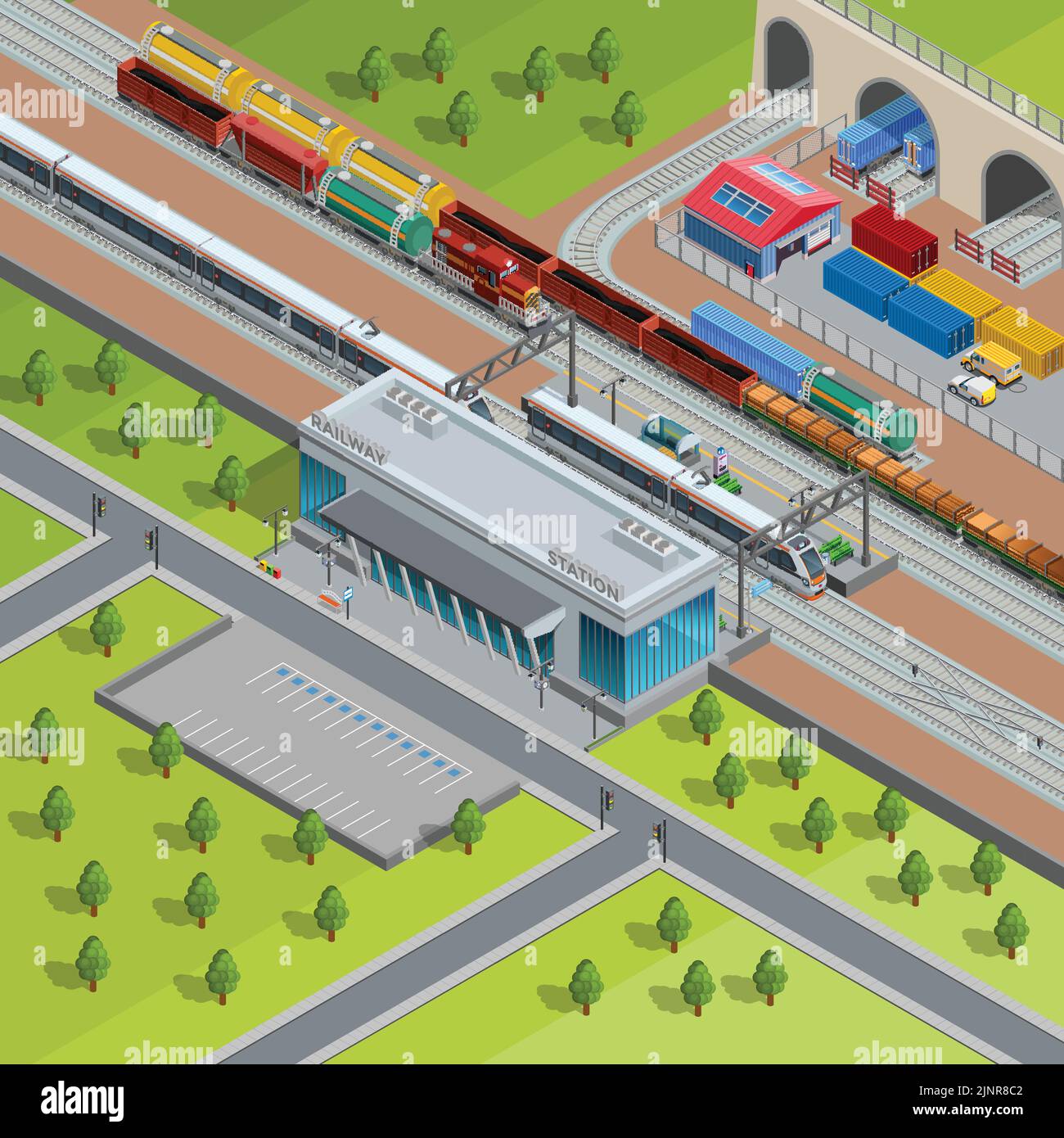 Modern suburban railway station with passing passenger trains goods ...