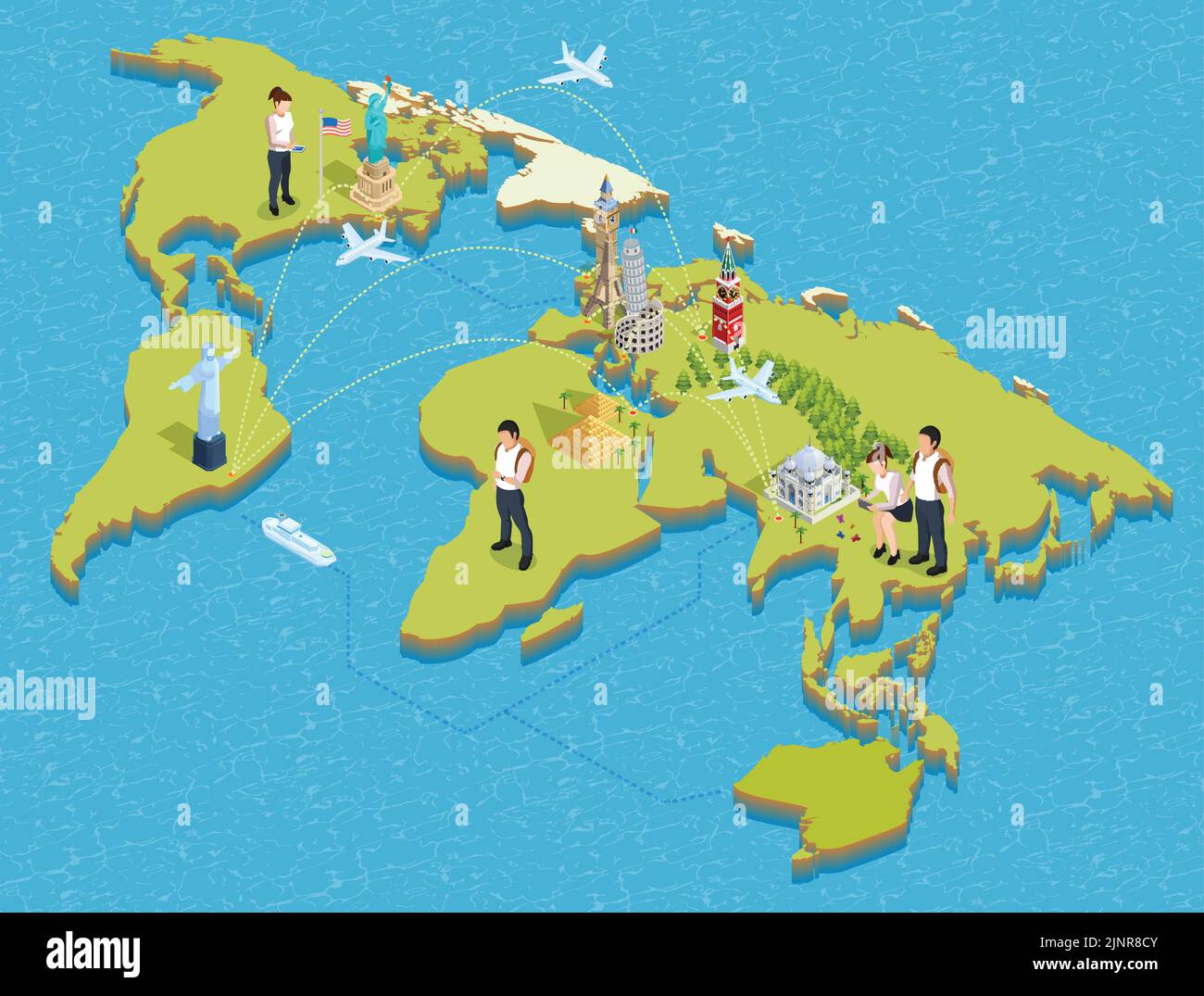 Isometric poster of global map with famous landmarks tourists flight ...